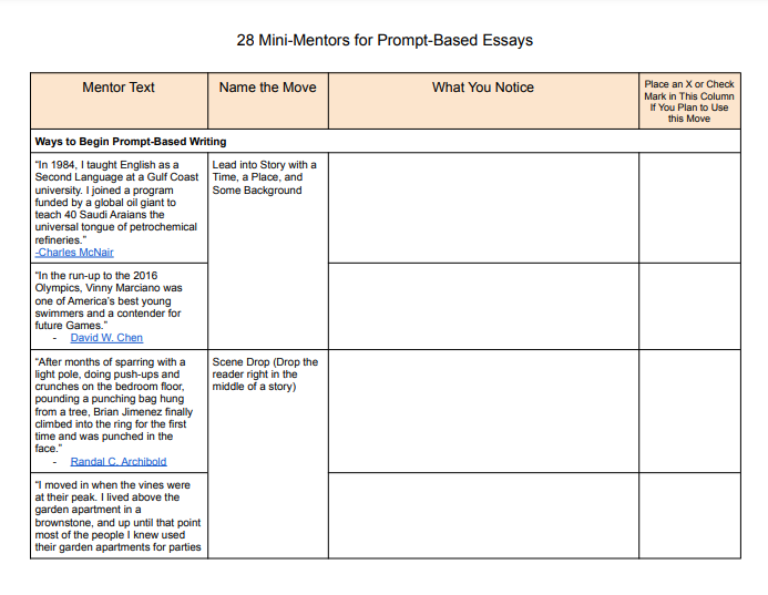28 Mini-Mentors for Prompt-Based Writing – moving writers